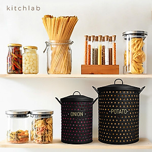 Kitchlab Set of 2 Potato and Onion Storage Bin - Matte Black Finish and Galvanized Kitchen Storage Bins - 10 x 12 Potato Keeper Storage Container - 8.94" Onion Storage Box for Kitchen Counter & More