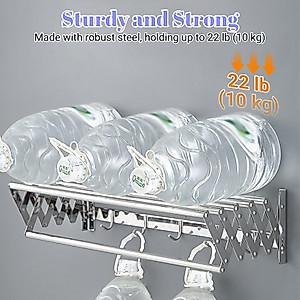 Yowmina Clothes Drying Rack Wall Mounted, Foldable Wall Drying Rack with 5 Hooks, Retractable Hanging Drying Rack with 7 Drying Rods, Space-Saving Stainless Steel Accordion Laundry Rack (23.6in)