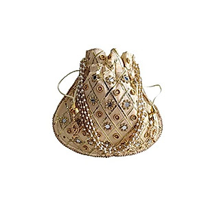 CRAFTFOBIA Women potli Bag Purse Rajasthani Clutch Wallet Ethnic | Zari work Style Pure Cotton with Gota Patti Designer Potli (Golden)