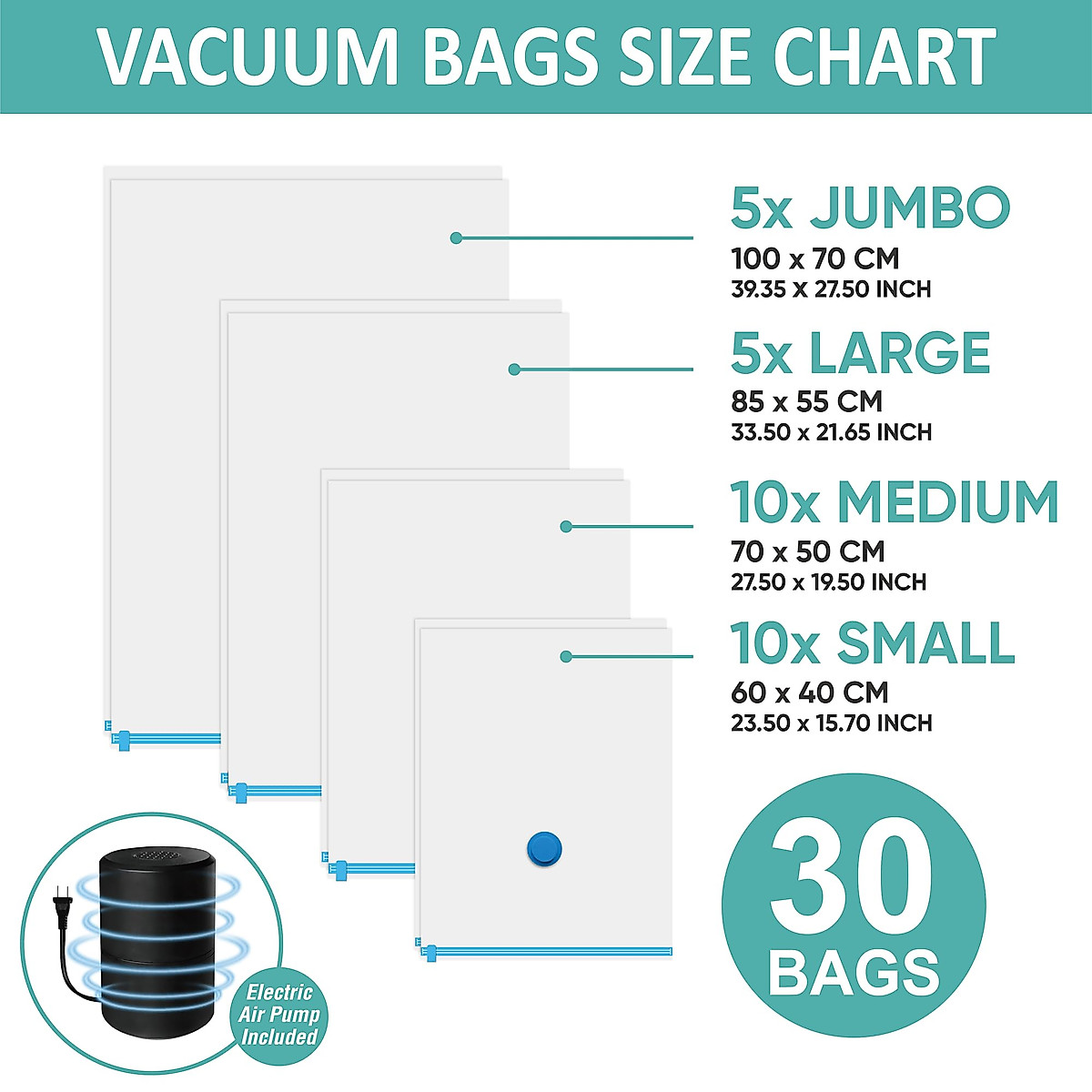 30 Vacuum Storage Bags with Electric Pump, Vacuum Sealed Storage Bags (5Jumbo/5Large/10Medium/10Small), Space Saver Vacuum Seal Bags for Clothing, Comforters, Pillows, Towel, Blanket Storage, Bedding