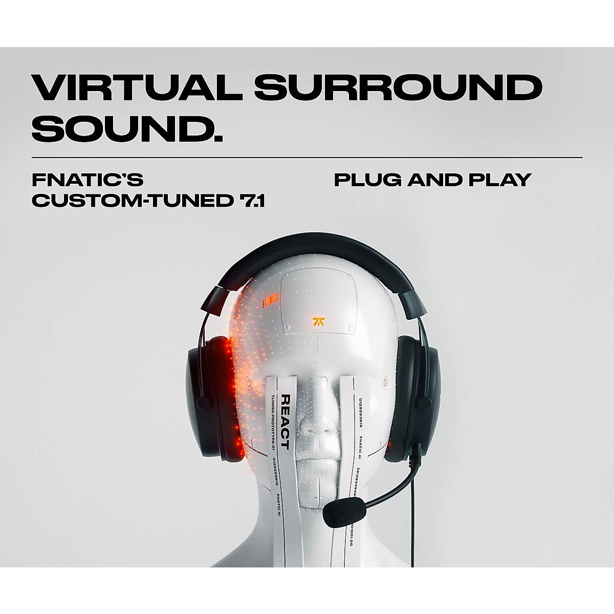 Fnatic REACT+ Gaming Headset for Esports with 53mm Drivers, Precise 7.1 Surround Sound and Advanced USB Sound Card, [Windows compatible], Metal Frame, Broadcaster Detachable Microphone, 3.5mm Jack