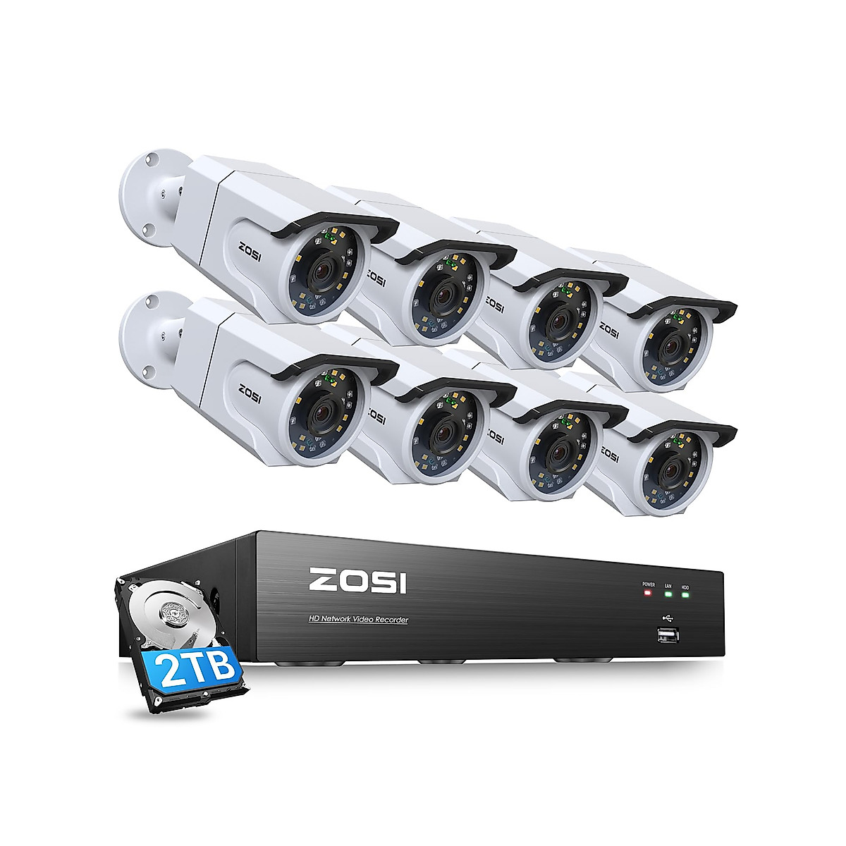 ZOSI 4K Ultra HD Security Cameras System, 8 Channel H.265+ 4K Video NVR, 8 x 4K (8MP) Ip66 Bullet Weatherproof Surveillance Cameras, Motion Alert , 100ft Night Vision, with 2TB Hard Drive