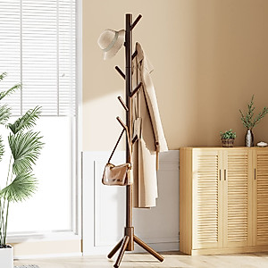 Pipishell Coat Rack, Wooden Coat Rack Stand with 3 Height Options and 8 Hooks, Sturdy Freestanding Coat Rack for Clothes/Bags/Hats, Coat Rack for Home/Office/Entryway/Hallway, PIWCR01, Brown