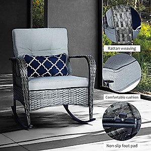 FUNKOCO 3 Pieces Patio PE Rattan Conversation Chair Set, Outdoor Furniture Rocking Chair Set with Water-Proof Cushion&Coffee Table for Garden,Backyard and Porch (Light Grey)