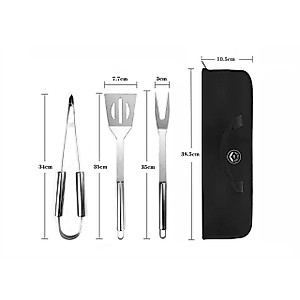 NewlineNY Stainless Steel BBQ Grill Tool Kit 3 PCS Set : Tong, Meat Fork, Spatula + Black Carrying Bag for Picnic Camping Travel Cooking Grilling