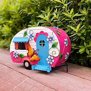 SUBOLO Fairy Camping Trailer Garden Statue Outdoor Metal Fairy House Garden Decor for Home Lawn Porch Patio Decoration
