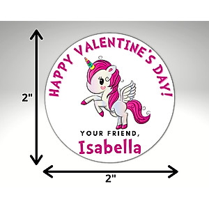 Personalized Unicorn Valentine's Day Stickers for Kids 20-Count, 2 inch, Custom Classroom Valentines Favor for Girls, Happy Valentine's Day Labels