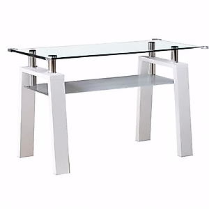 Goderfuu Glass Console Table, 2-Tier Rectangle White Console Table with Storage Shelf, White Entryway Table with Solid Wood Base, Rectangular Narrow Tables Sofa Table for Living Room Hallway Table