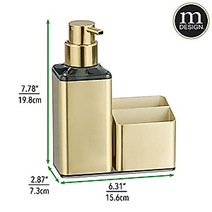 mDesign Modern Aluminum Kitchen Sink Countertop Liquid Hand Soap Dispenser Pump Bottle Caddy with Storage Compartments - Holds and Stores Sponges, Scrubbers and Brushes - Soft Brass Finish