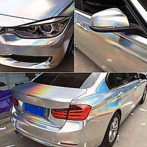 Lypumso Holographic Laser Silver Vinyl Wrap, Chrome Metallic Car Wrap Vinyl Self Adhesive Decal Sticker Air Release Stretchable Glossy Film Vinyl Sheet for Cars Motorcycles Exterior Interior 1ft x 5ft