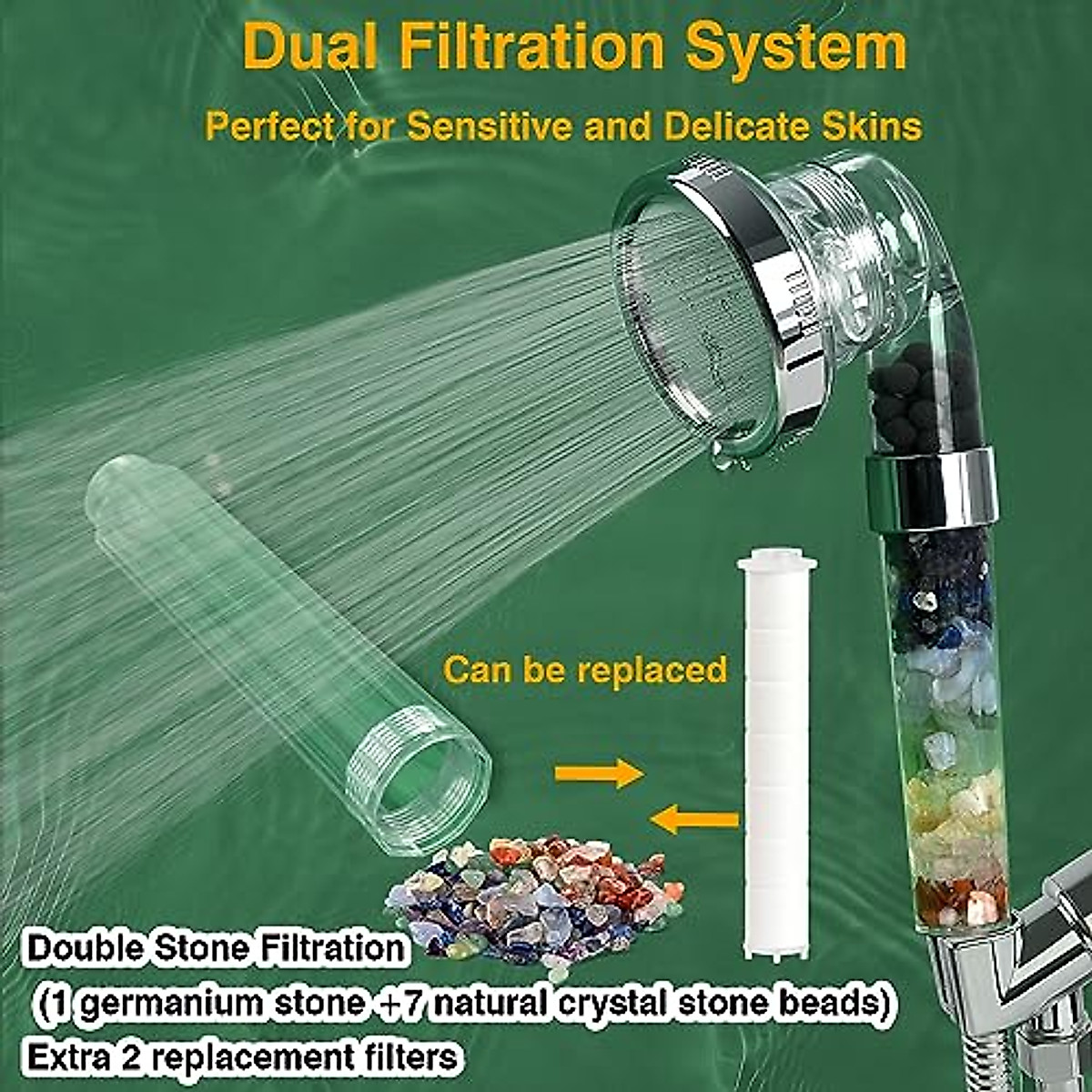 Filtered Shower Head, 3 Settings Shower Heads with Handheld Spray, High Pressure Shower Head with Hose 79" Extra Long Shower Hose & Holder, Purifying Filtration 7 Natural Crystalya Stone Beads