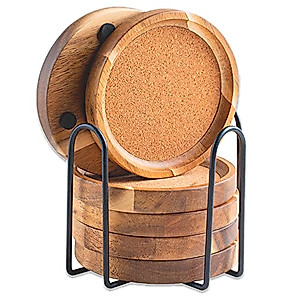 Wood Coasters for Drinks Absorbent with Holder, Acacia Wood Cork Coaster Rustic Coasters for Coffee Table Wooden Table Coasters for Farmhouse Desk, Set of 6