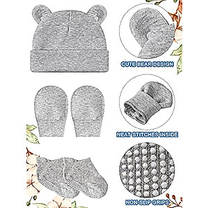 Baby Ears Newborn Hats Mittens and Socks Set for Boys Girls Beanie Hat 0-6 Month (White, Black, Gray, Light Blue, Navy Blue,5 Set)