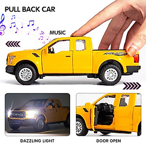 BDTCTK Compatible for 1:32 Ford Raptor F150 Pickup Truck Car Model, Diecast Pull Back Car Toy Car with Sound and Light for Kids Boy Girl, Metal Body, Yellow