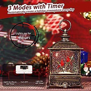 Cardinal Christmas Decorations Musical Snow Globe Lantern, Lighted Snow Globe with Swirling Glitter, 3 AA Battery Operated & USB Powered, Cardinal