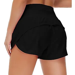 Origiwish Women's High Waisted Running Shorts with Liner Quick Dry Athletic Workout Shorts Zipper Pockets (Small, Black)