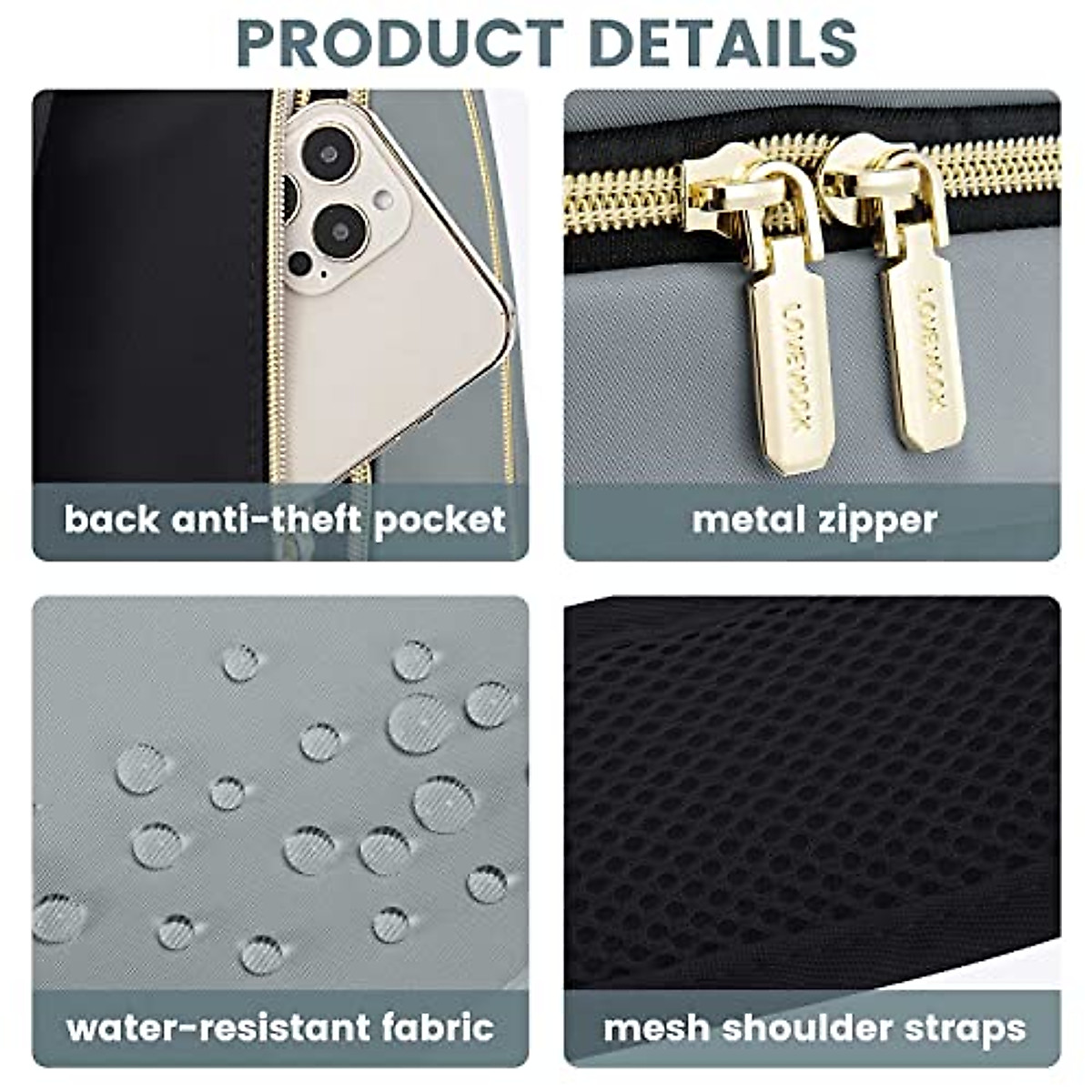 LOVEVOOK Laptop Backpack for Women, Travel Backpack Light Weight, Large Capacity Computer Backpack Purse for Work, Casual Daypack with USB Charging Hole(Black-Grey-1,15.6 Inch)