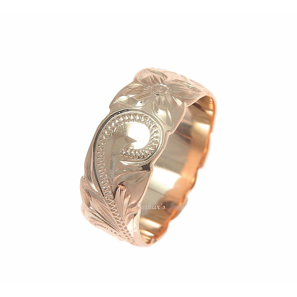 Arthur's Jewelry Pink rose gold plated 925 sterling silver Hawaiian 8mm plumeria flower scroll cut out edge ring size 10