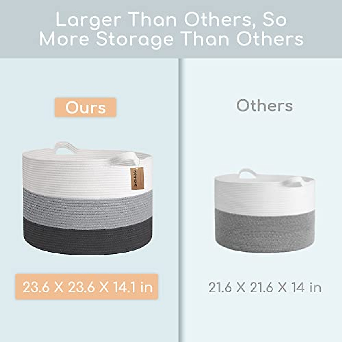 MXMHOME Extra Large Blanket Basket - Blanket Basket Living Room, Woven Baskets for Storage, Kids Toy Basket, Soft Throw Blanket Storage Basket, Rope Baskets for Organizing(23.6”x 23.6”x 14.1”)