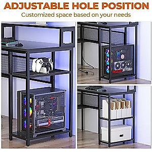 SOROGRA L Shaped Gaming Desk with Power Outlet and Storage Shelves, 50.4 inch Home Office Reversible Computer Desk with Monitor Stand, Corner Desk Writing Table with 2 Hooks, Black