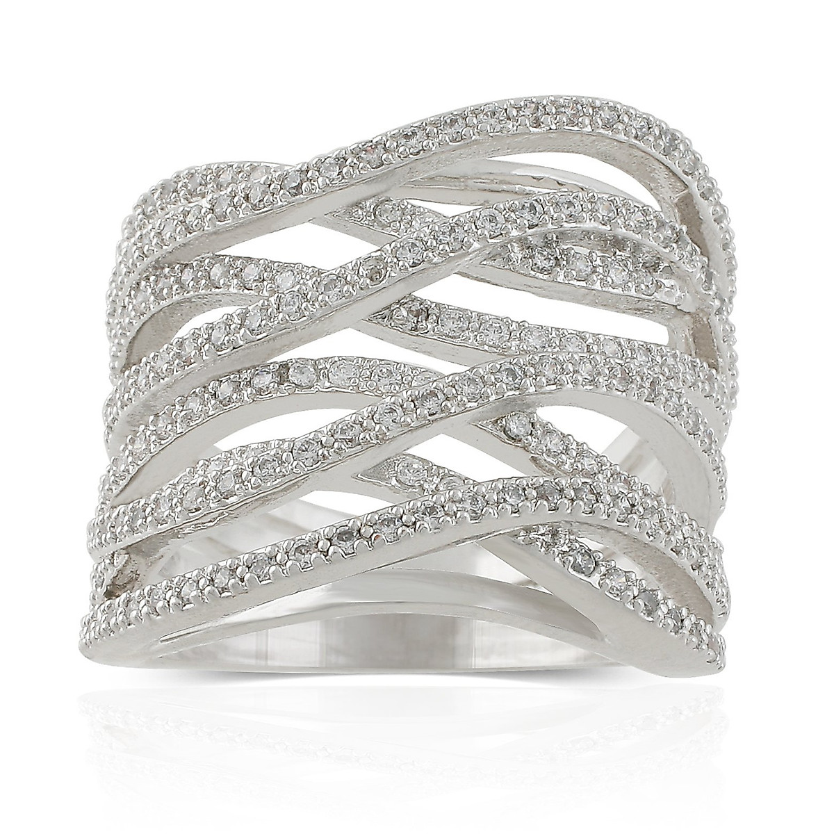 JanKuo Jewelry Rhodium Plated Cubic Zirconia Criss Cross Wide Band Cocktail Ring (6)
