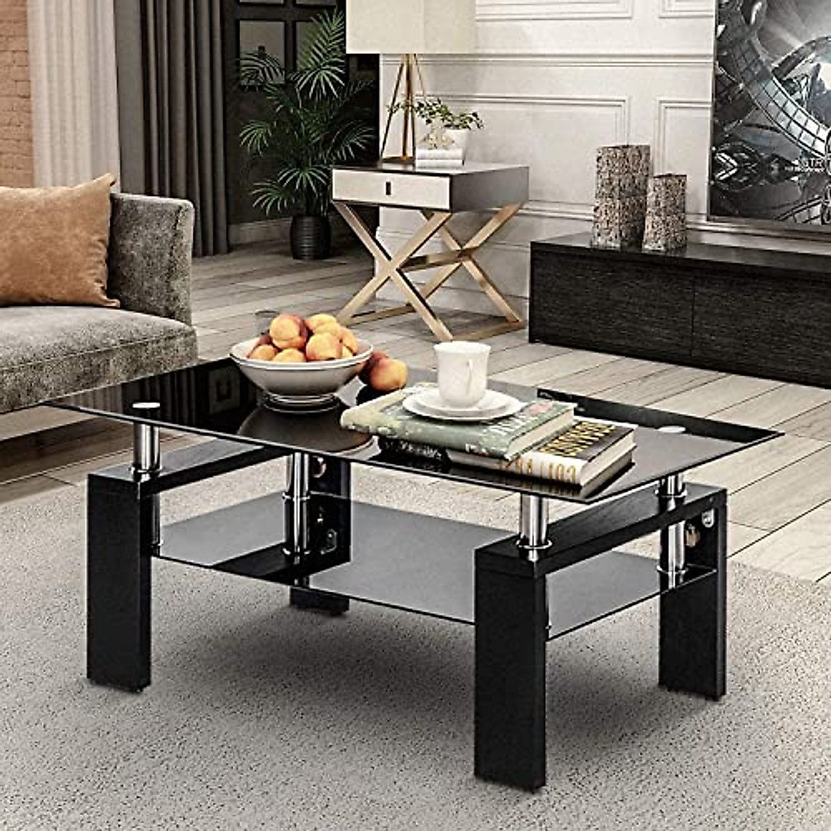 Tansole Rectangle Glass Coffee Table,Glass Coffee Tables for Living Room,Rectangle Clear Coffee Table for Home Office or Conversation Leisure Occasions,Rectangle Glass Cocktail Table,Wooden Leg,Black