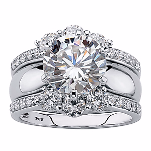 PalmBeach Platinum-Plated or 18k Yellow Gold-Plated Sterling Silver Round Cubic Zirconia 2 Pair Solitaire Jacket Bridal Ring Set Size 6