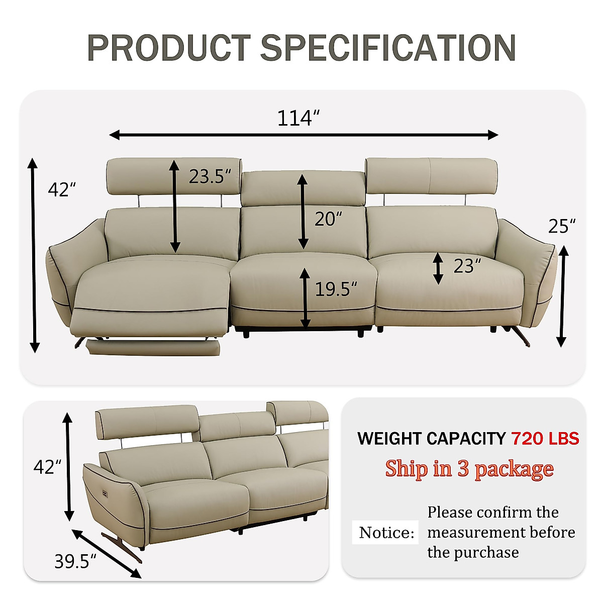 Plithzy Genuine Leather Power Recliner Sofa with LED, 114" Leather Sofa Couch with Adjustable Headrest&USB Charging, Power Reclining Sofa Living Room Furniture Set (Recliner Couch, Kachi Color)