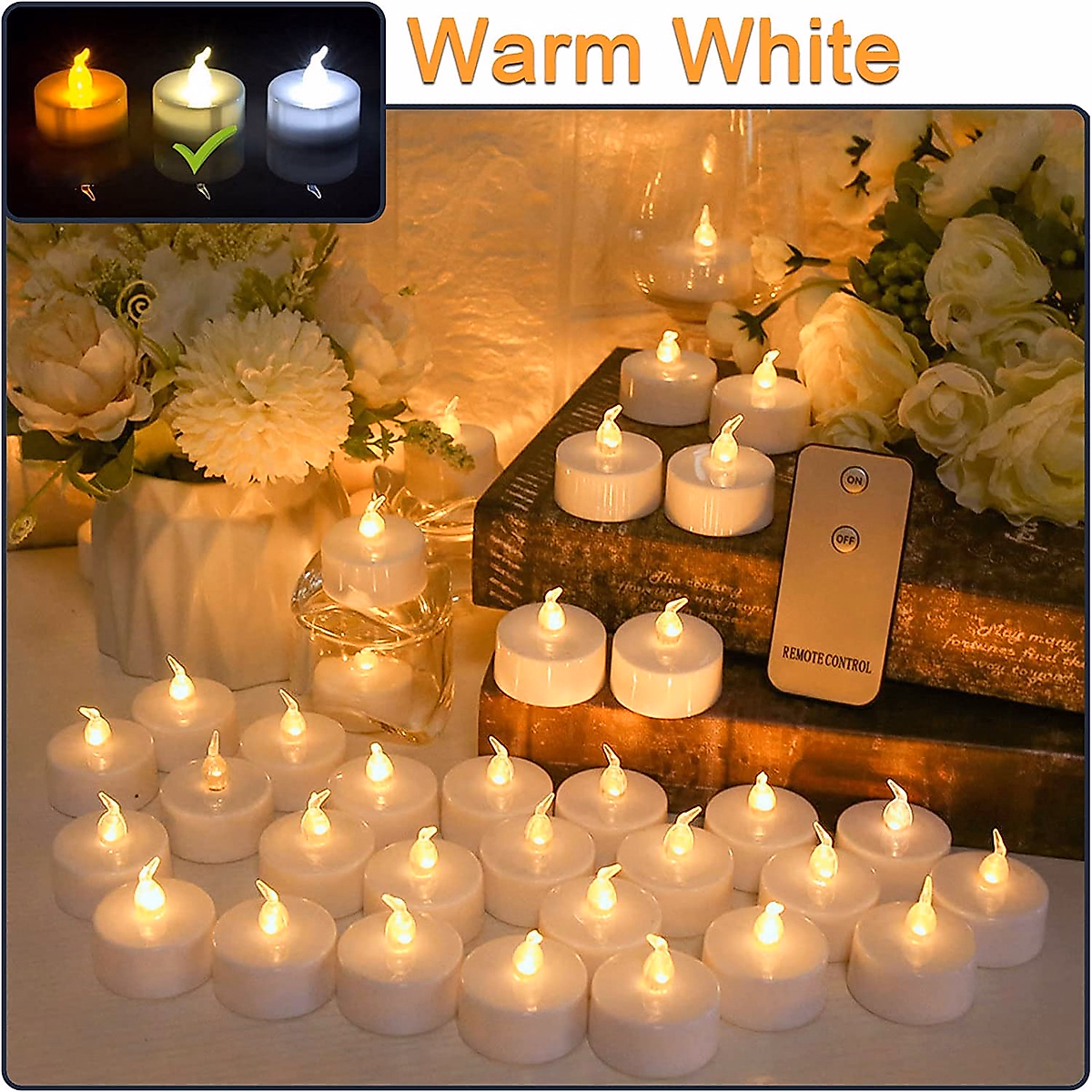Led Tea Lights with Remote Control-12 Pack Battery Tea Lights Realistic and Bright Flickering Flameless tealights Candles with Remote for Seasonal & Festival Celebration Halloween Warm White