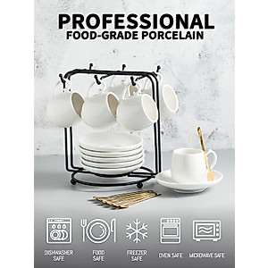 LYEOBOH Espresso Cups with Saucers Set, 3 Ounces Coffee Cups with Metal Stand and Spoons, Ceramic Cappuccino Coffee Cups Demitasse Cups for Espresso, Latte, Cafe Mocha and Tea, Set of 6, White