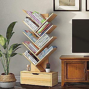 YOXIER Bookshelf,6 Tier Tree Bookshelf,6 Shelf Bookcase with Drawer,Free Standing Tree Bookcase,Simplicity Book Storage,Bearing Capacity Space Saving for Storing & Organizing Books in The Home Office