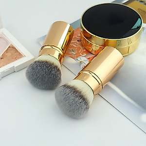 QiBusLeen Retractable Kabuki Foundation Makeup Brush Travel Blush Brush Flat Top Kabuki Face Blush Liquid Powder Foundation Brush for Blush, Buffing, Highlight, Contour, Flawless Powder Cosmetics (Gold)