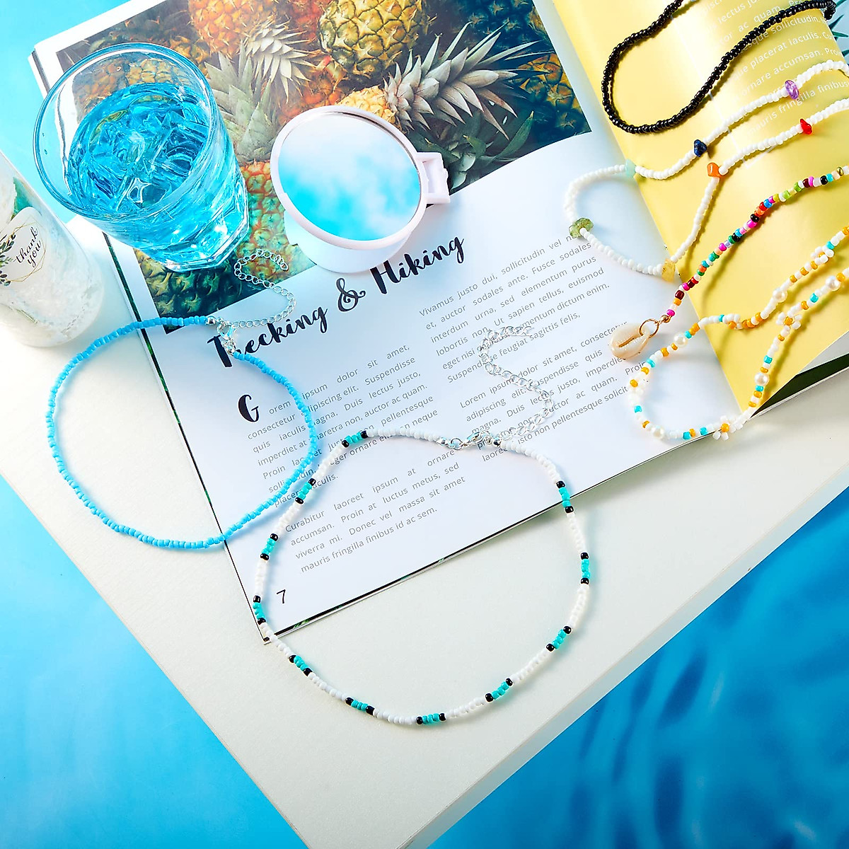 Hicarer 6 Pieces Women Bohemian Necklaces Seed Bead Necklaces Glass Beaded Choker Jewelry for Women and Girls (Fresh Style)