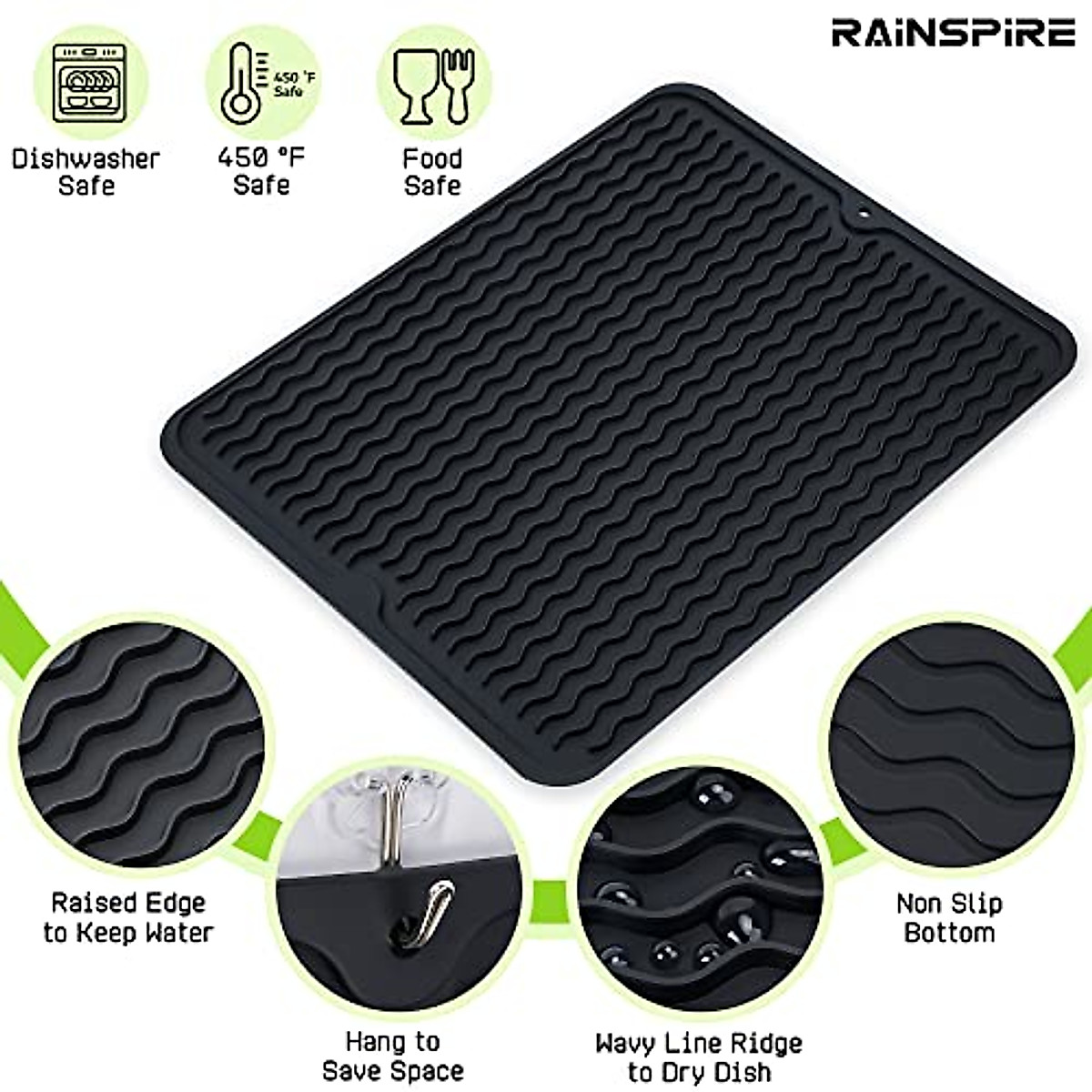 Rainspire Dish Drying Mats For Kitchen Counter, Silicone Dish Mat Drying Kitchen Mat, Food Grade Silicone Sink Drying Mat, Quick Dry Slip Resistant Kitchen Mats, 16x12inch, Black