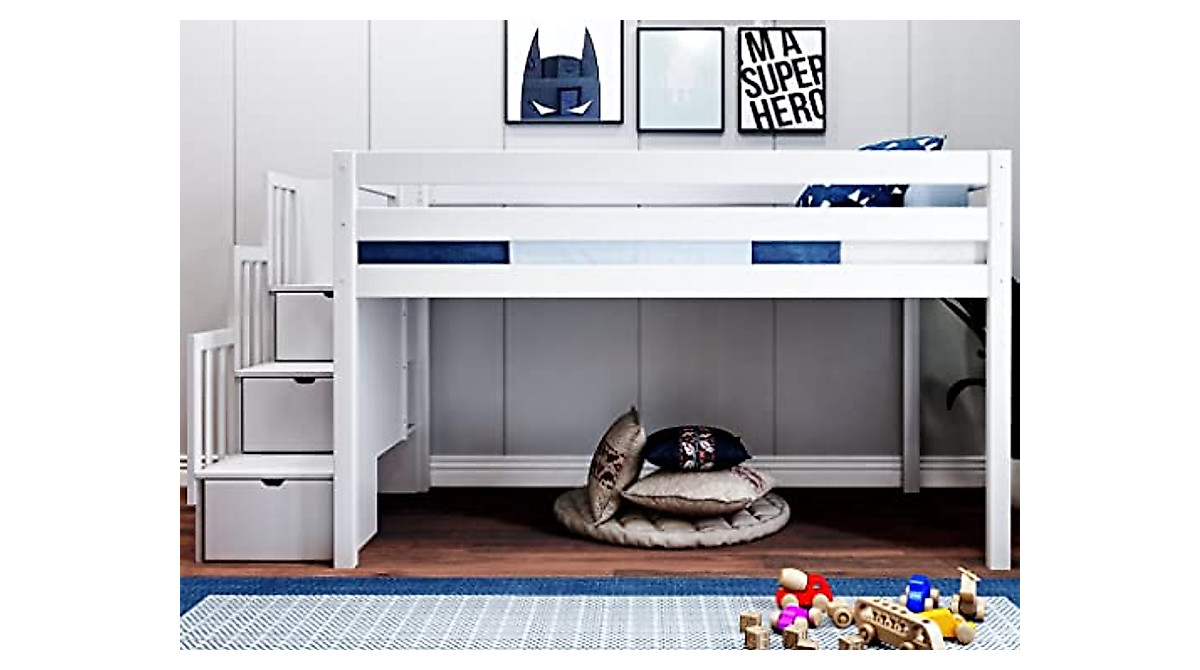 JACKPOT! Contemporary Low Loft Twin Bed with Stairway - White