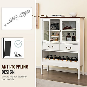 Giantex Wine Cabinet with Storage, Standing Buffet Sideboard with 2 Drawers, 2 Tempered Glass Doors, Open Wine Rack, Anti-toppling Assembly, Coffee Bar Station for Living Room, White & Vermilion