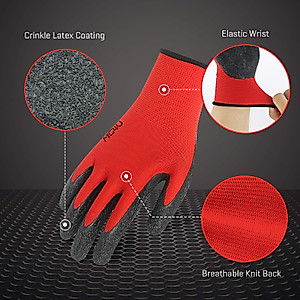 MIG4U 10 Pairs Crinkle Latex Work Gloves - Enhanced Grip for Gardening, Warehouse Package Handling - Red,X-Large