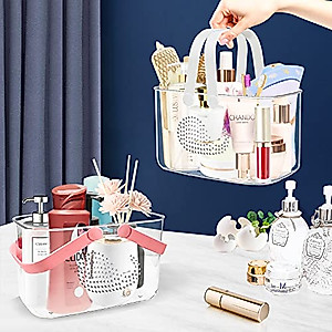 FODIENS 2 Pack Plastic Shower Caddy Basket, Portable Shower Caddy Tote Storage Basket with Colorful Handles, Clear Toiletry Organizer Bin for Bathroom Kitchen College Dorm (White+Pink)