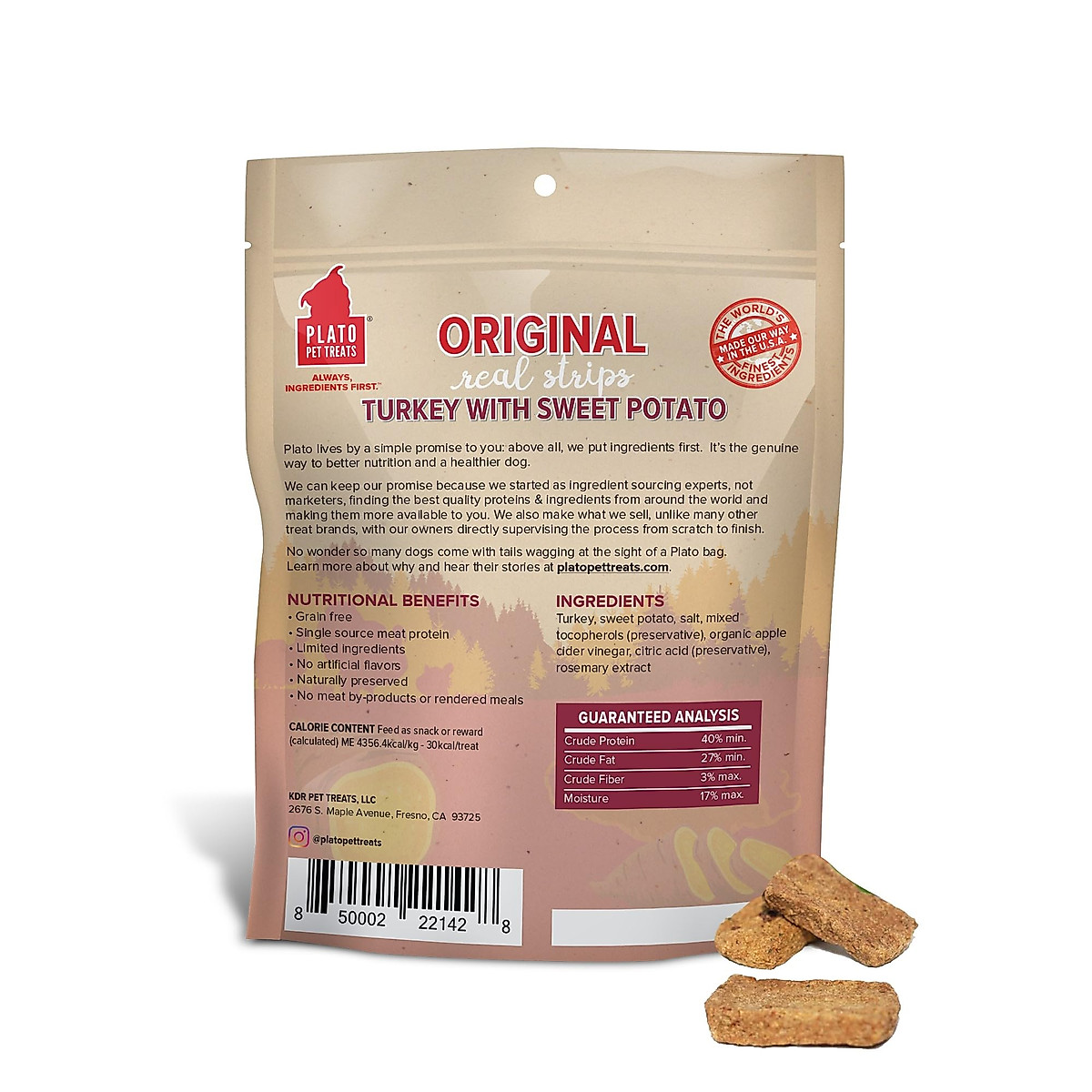 PLATO Turkey Real Strips Natural Dog Treats - Real Meat - Air Dried - Made in the USA - Turkey & Sweet Potato, 6 ounces