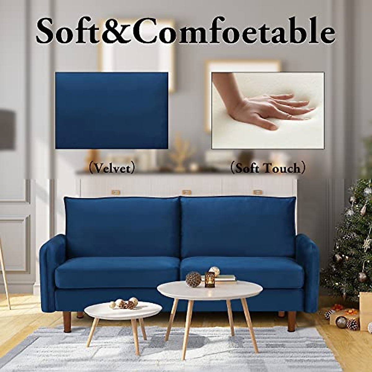 Hdxdkog Velvet Loveseat Sofa, 69'' Mid Century Modern Small Love Seats Furniture Comfy Couch for Living Room, Upholstered 2 Seater Sofa for Small Apartment (Blue)