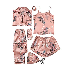 SheIn Women's 7pcs Pajama Set Cami Pjs with Shirt and Eye Mask Pink Crane Medium