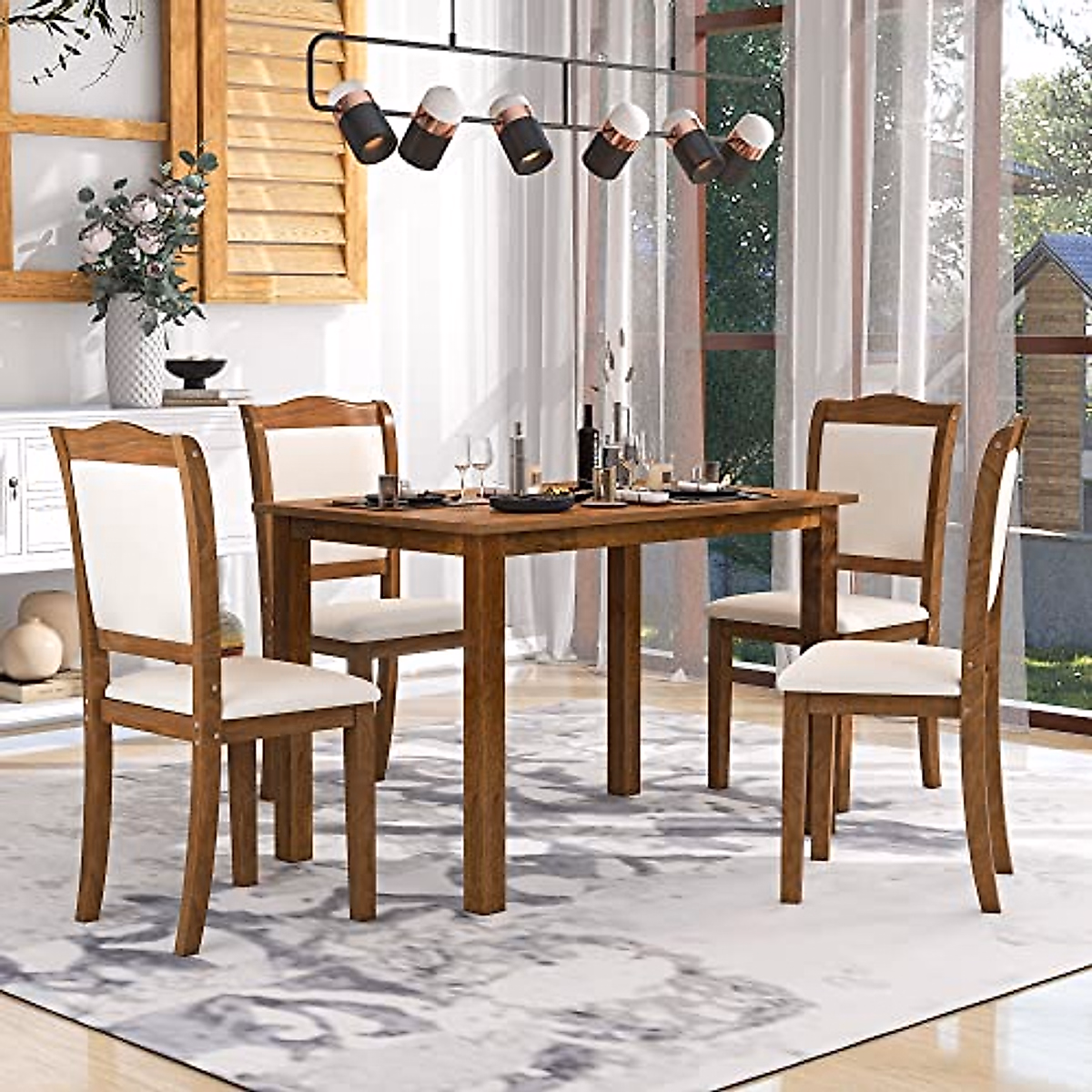 Origeture Dining Table Set for 4 Small Spaces, Solid Wood Dining Set with 4 Chairs, 5 Piece Kitchen Table Set for Apartment, Rectangle Breakfast Table and Chairs (Dining Table Set for 4, Walnut)