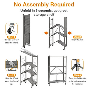 KAERMO 5-Tier Foldable Storage Shelves with Wheels -No Assembly Metal Folding Shelves, Collapsible Shelving Storage Unit Rolling Shelf for Home Garage Kitchen Office (Dark Grey)