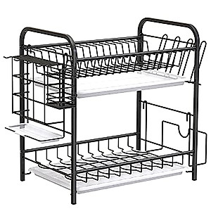 Auledio 2 Tier Dish Drying Rack with Utensil Knife Organizer Cutting Board Holder Dish Drainer Removable Drain Board,Black