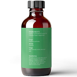 Pure Body Naturals Organic Fractionated Coconut Oil for Skin and Hair, 4 fl oz - Liquid Carrier Oil for Diluting Essential Oils, Hair Growth & Skin Moisturizer
