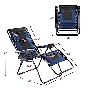 VICLLAX Oversize Padded Zero Gravity Chair Patio Lounge Chair with Cup Holder for Outdoor Beach Pool, Black&Dark Blue