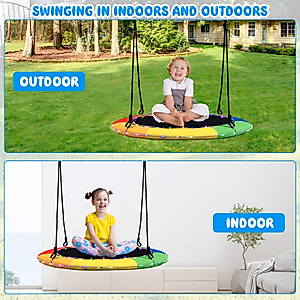 Costzon 40” Flying Saucer Tree Swing with LED Lights for Kids Adults, Indoor Outdoor Saucer Swing with Adjustable Multi-Strand Hanging Ropes, Safe Round Swing for Tree, Swing Set, Backyard (Colorful)