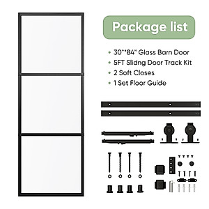 BARNSMITH 30in x 84in Frosted Glass Barn Door with 5FT Top Mounted Hardware kit Include Soft Close Mechanism Black Carbon Steel Tempered Frosted Glass Sliding Door,Assemble Required Easy Installation