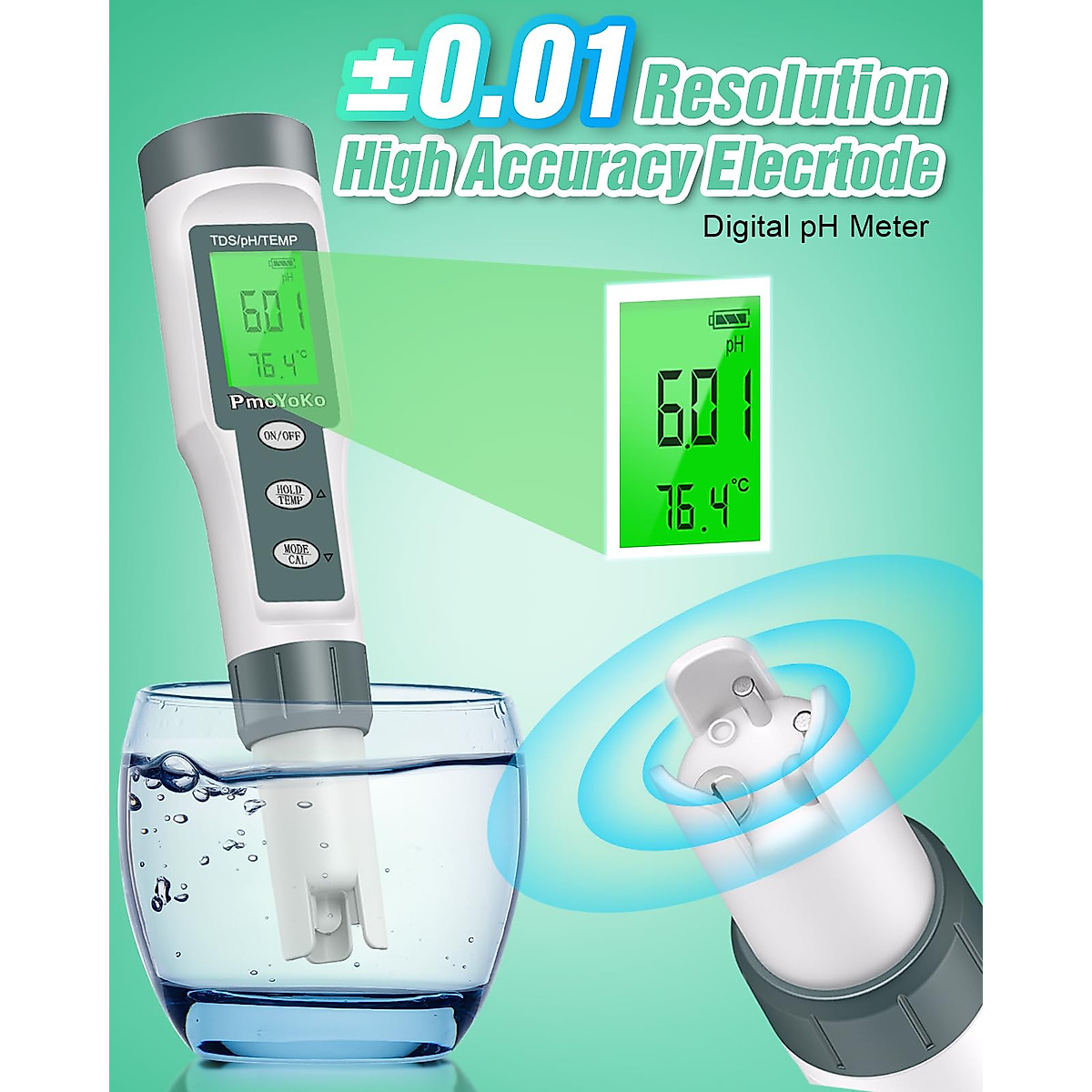 Digital pH Meter Tester Pen With 3 Calibration Powders, 0.01 Accuracy, Pocket Size, LCD Display for Household Drinking, Pool and Aquarium
