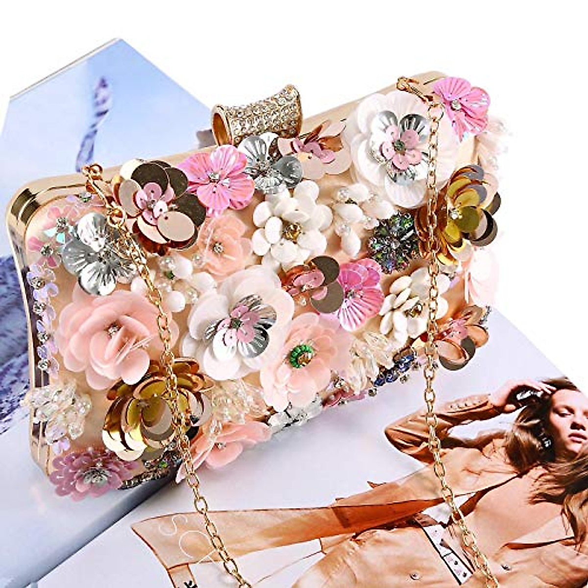 Selighting Colorful Floral Clutch Evening Bags for Women Formal Beaded Bridal Wedding Purse Prom Cocktail Party Handbags Champagne